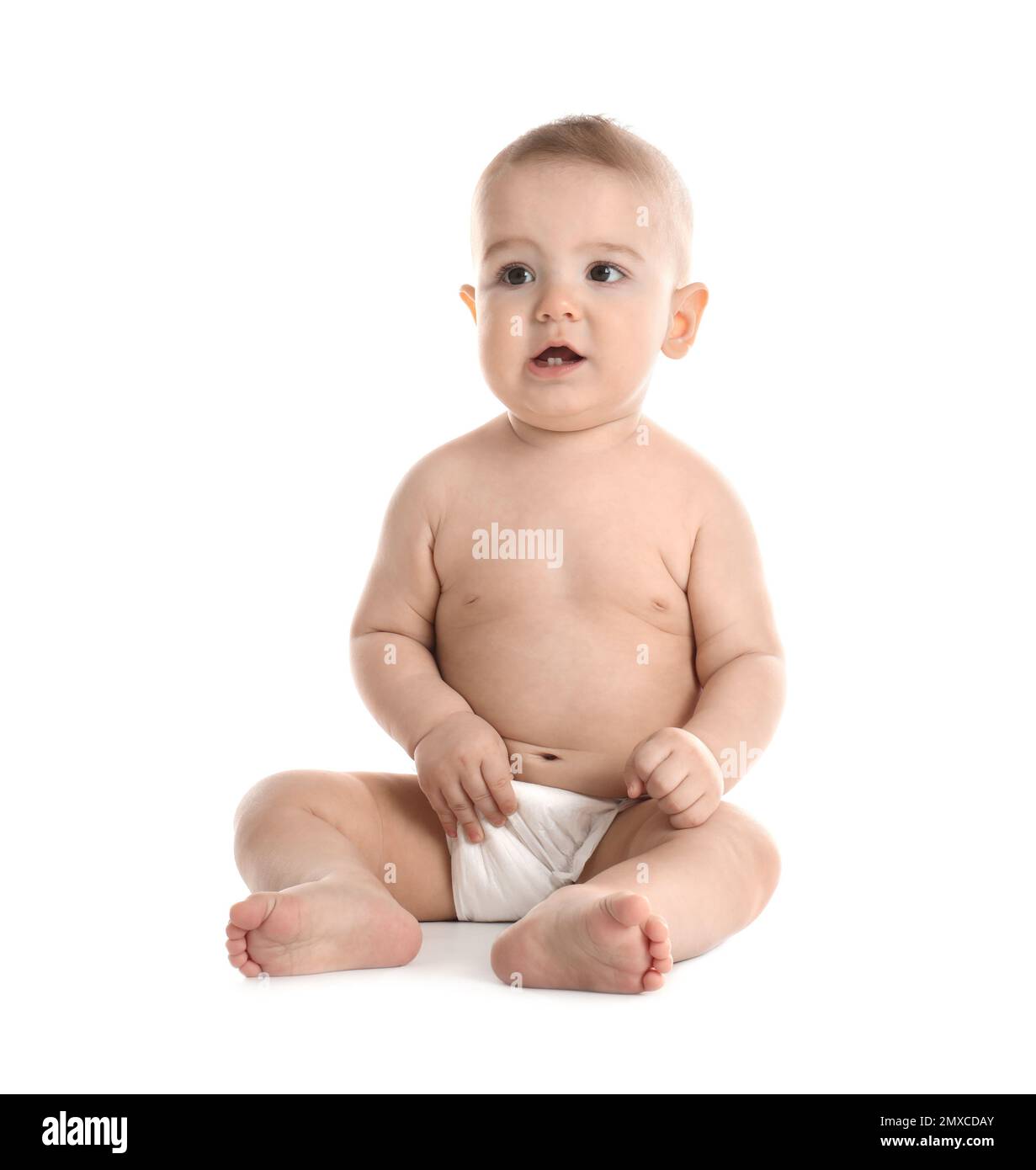 Cute little baby in diaper on white background Stock Photo - Alamy