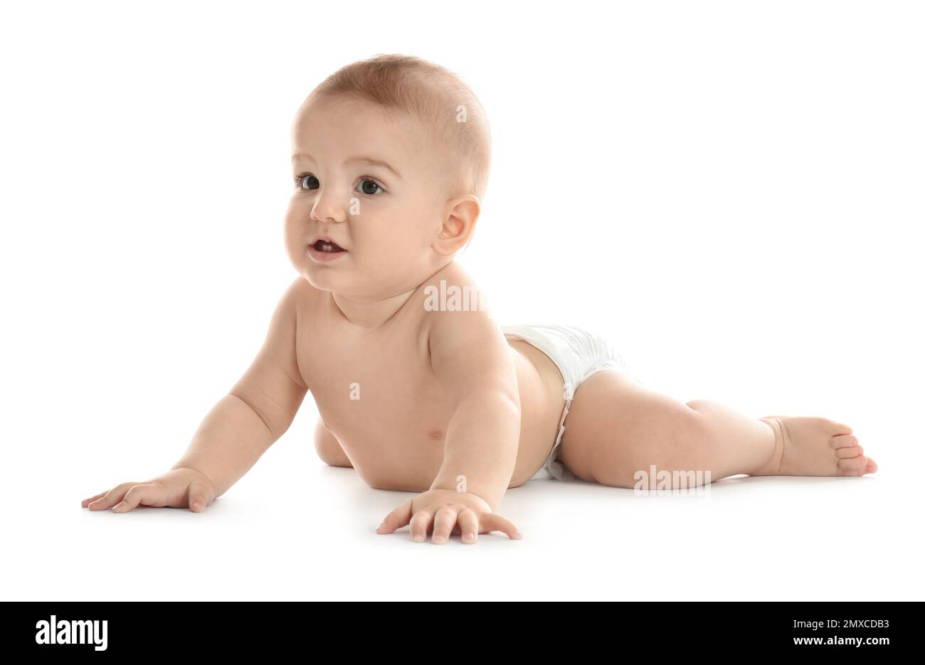 Cute little baby in diaper on white background Stock Photo - Alamy