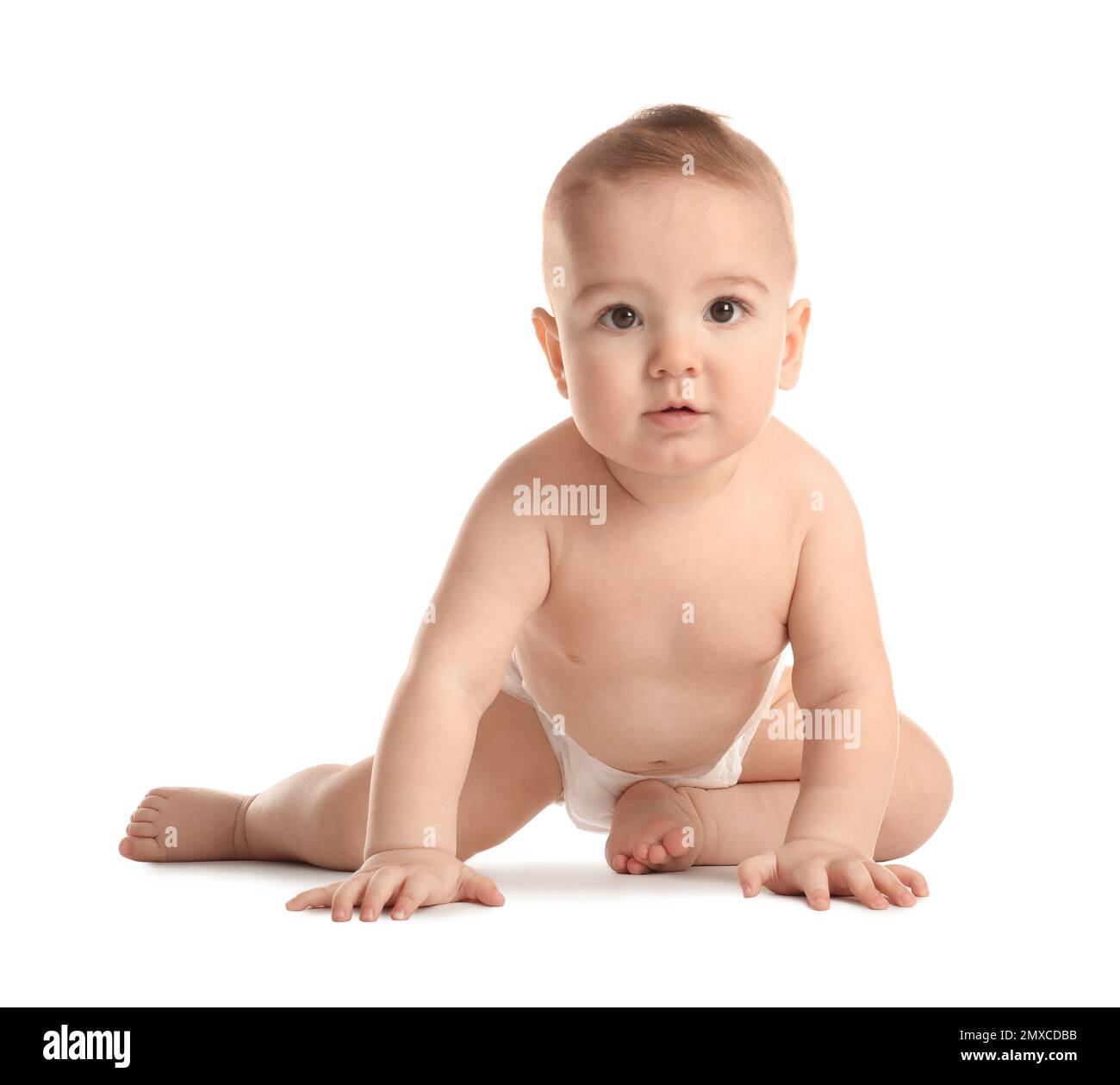 Cute little baby in diaper on white background Stock Photo - Alamy