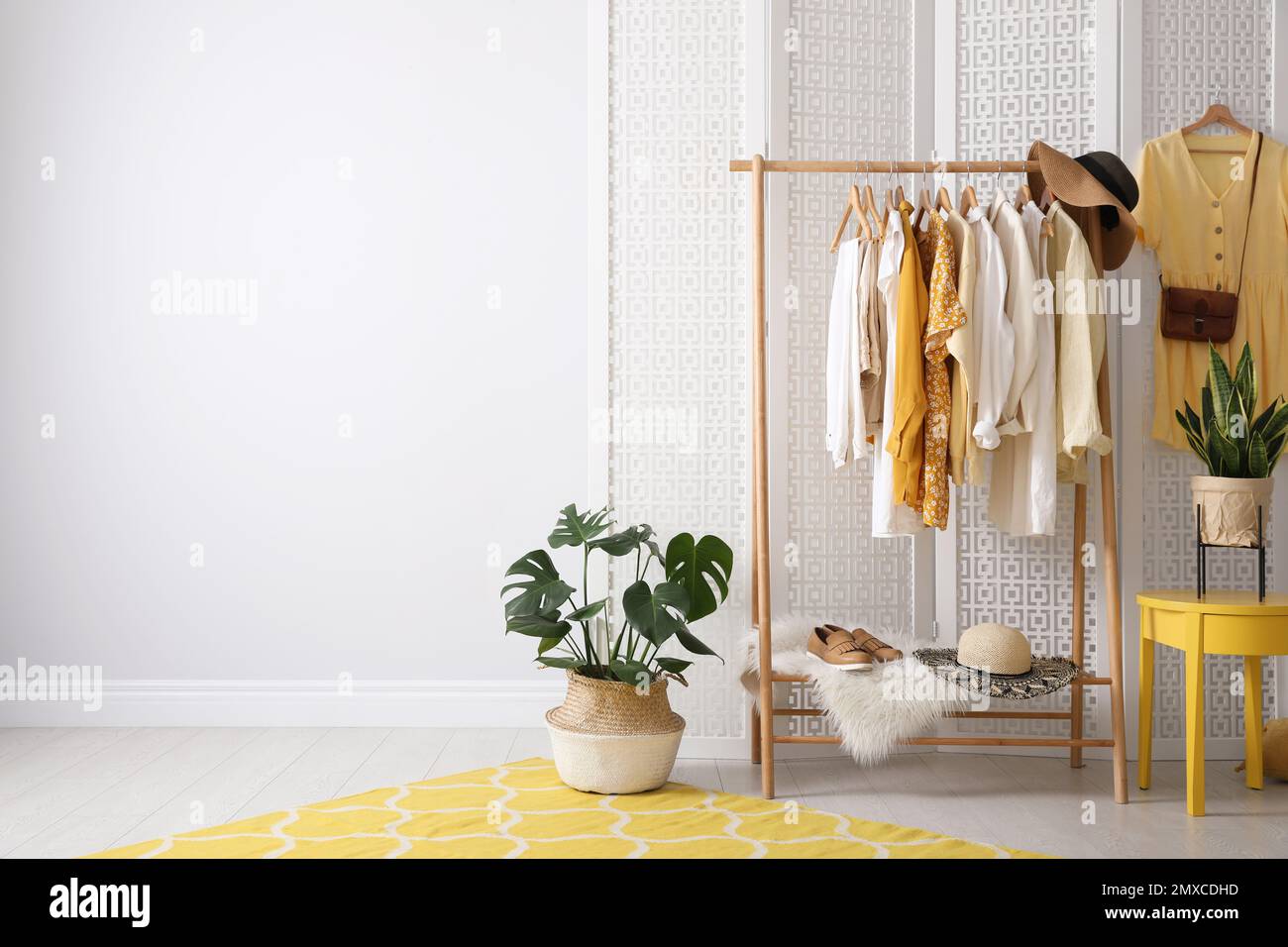 Rack with stylish women's clothes indoors. Interior design Stock Photo ...