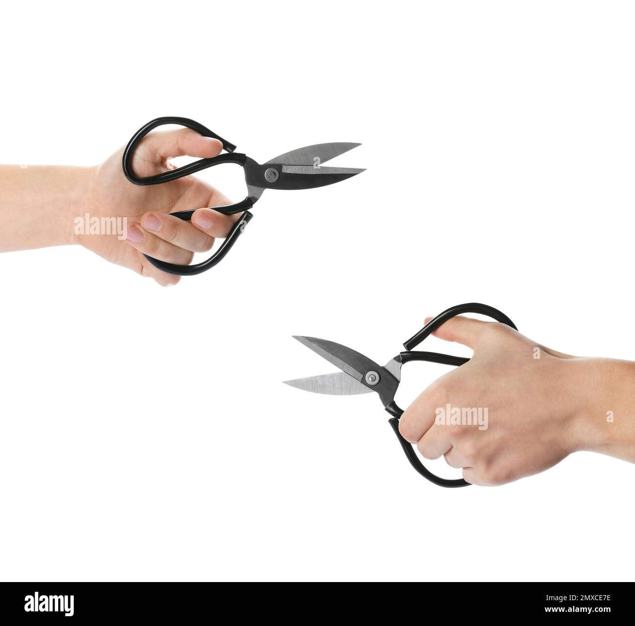 Collage of man holding sewing scissors on white background, closeup ...