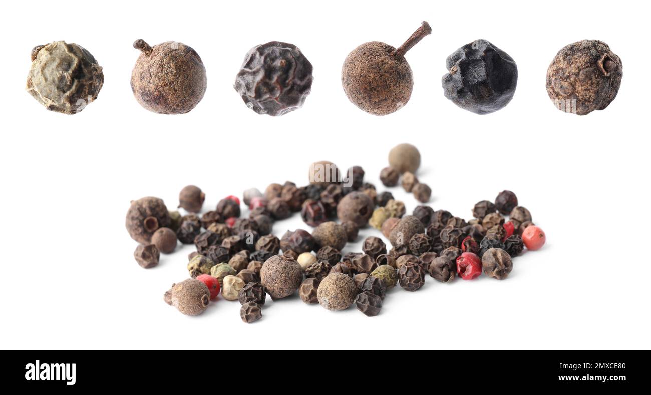 Set of different peppercorns on white background. Banner design Stock ...