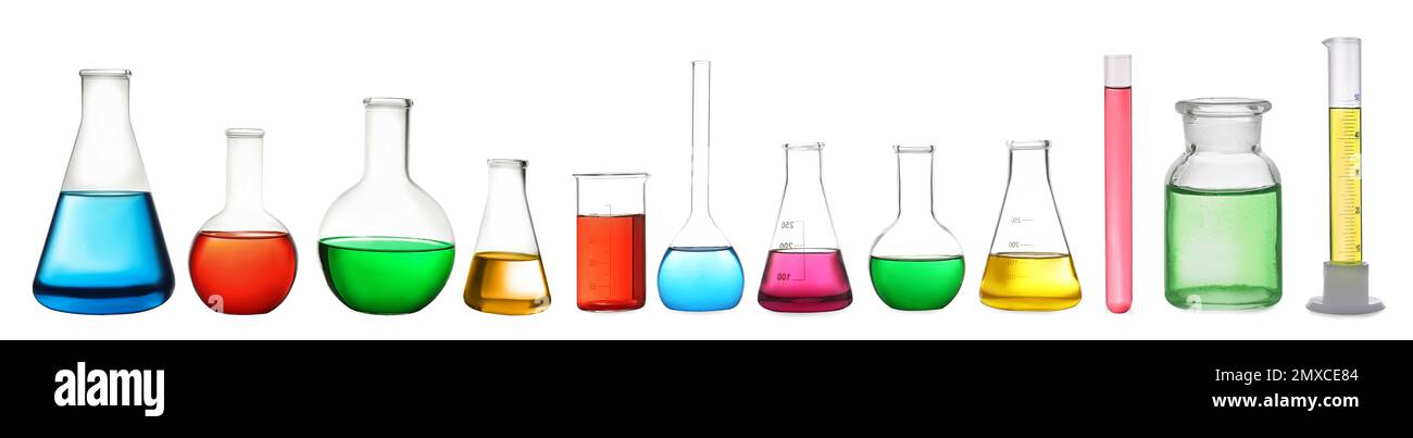 Set of laboratory glassware with colorful liquids on white background ...
