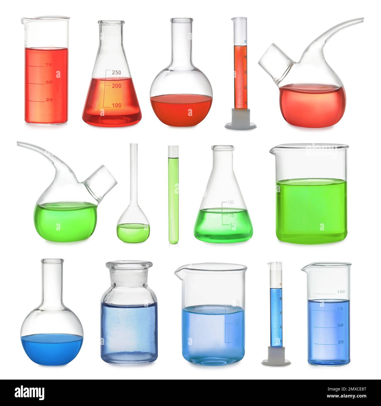 Set of laboratory glassware with colorful liquids on white background ...