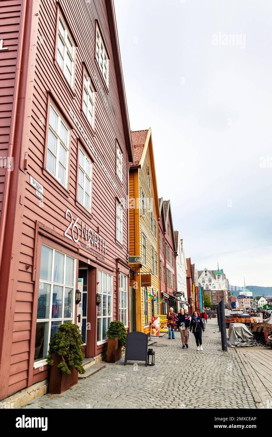Historic hanseatic buildings in Bryggen by Vågen Bay, Bergen, Norway ...