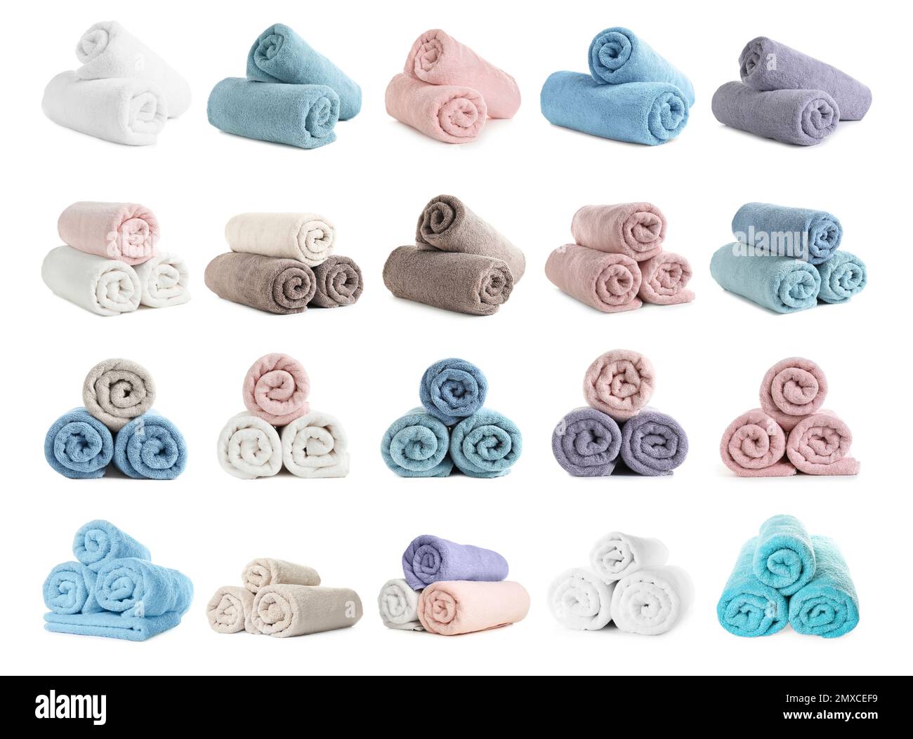 Set of rolled soft terry towels on white background Stock Photo - Alamy