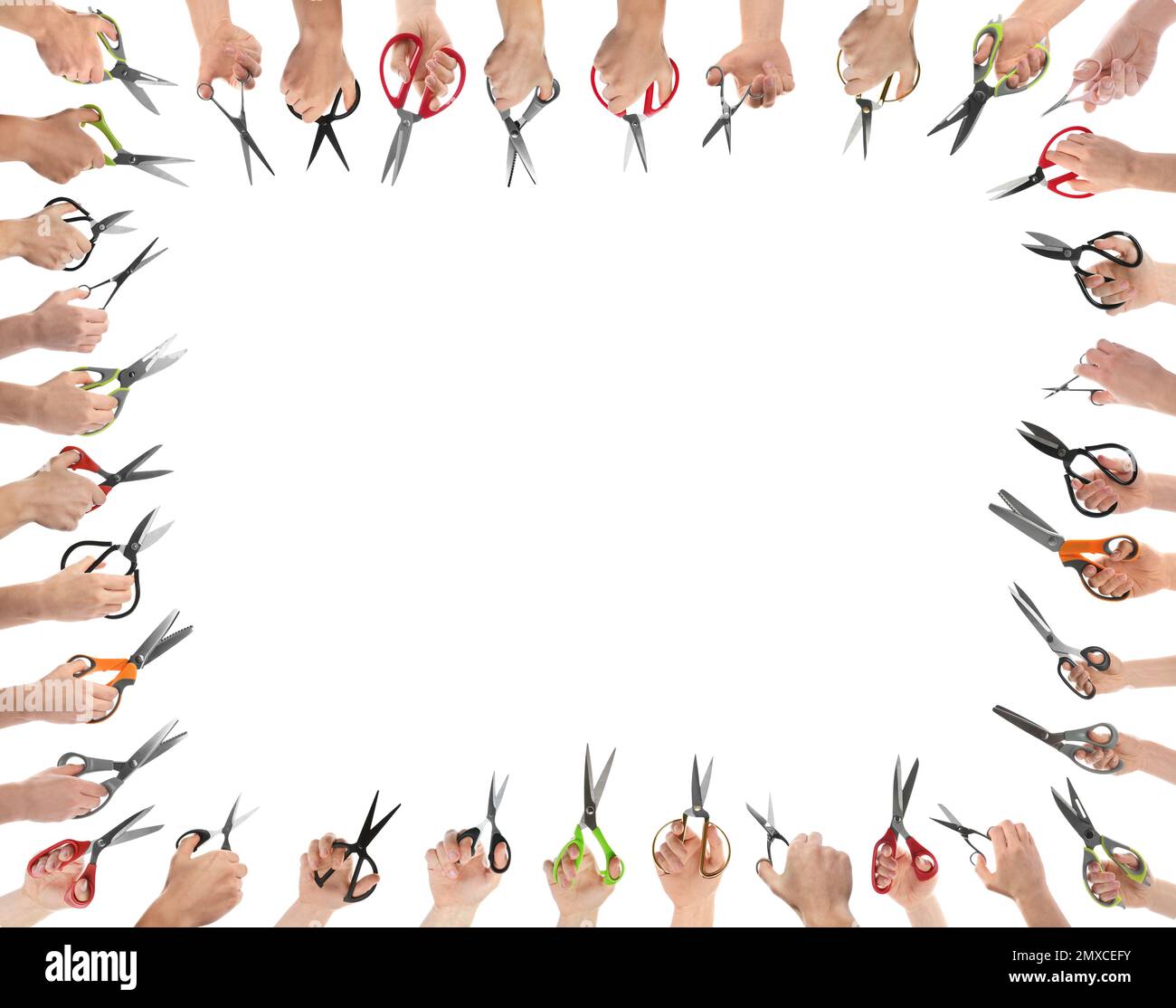 Collage of people holding sewing scissors on white background, closeup ...