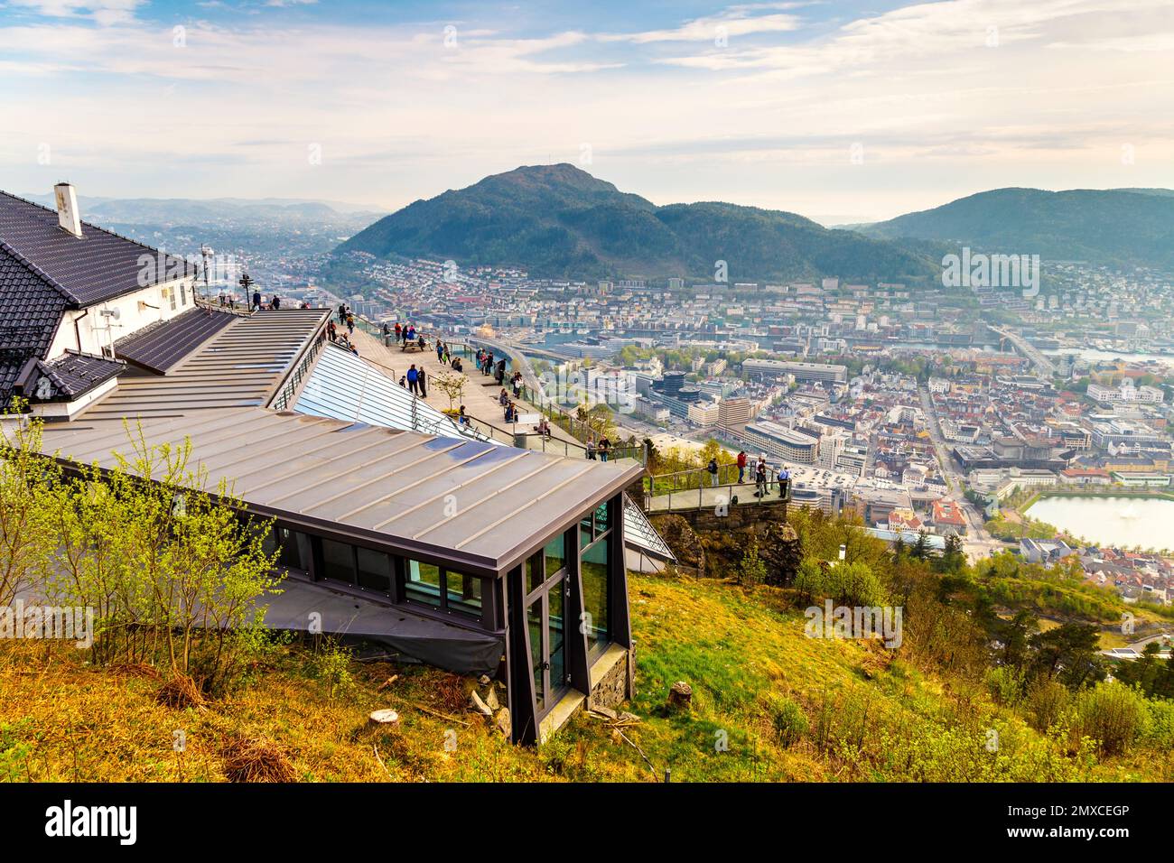 Viewing terrace on top of Mount Fløyen and scenic views of Bergen ...