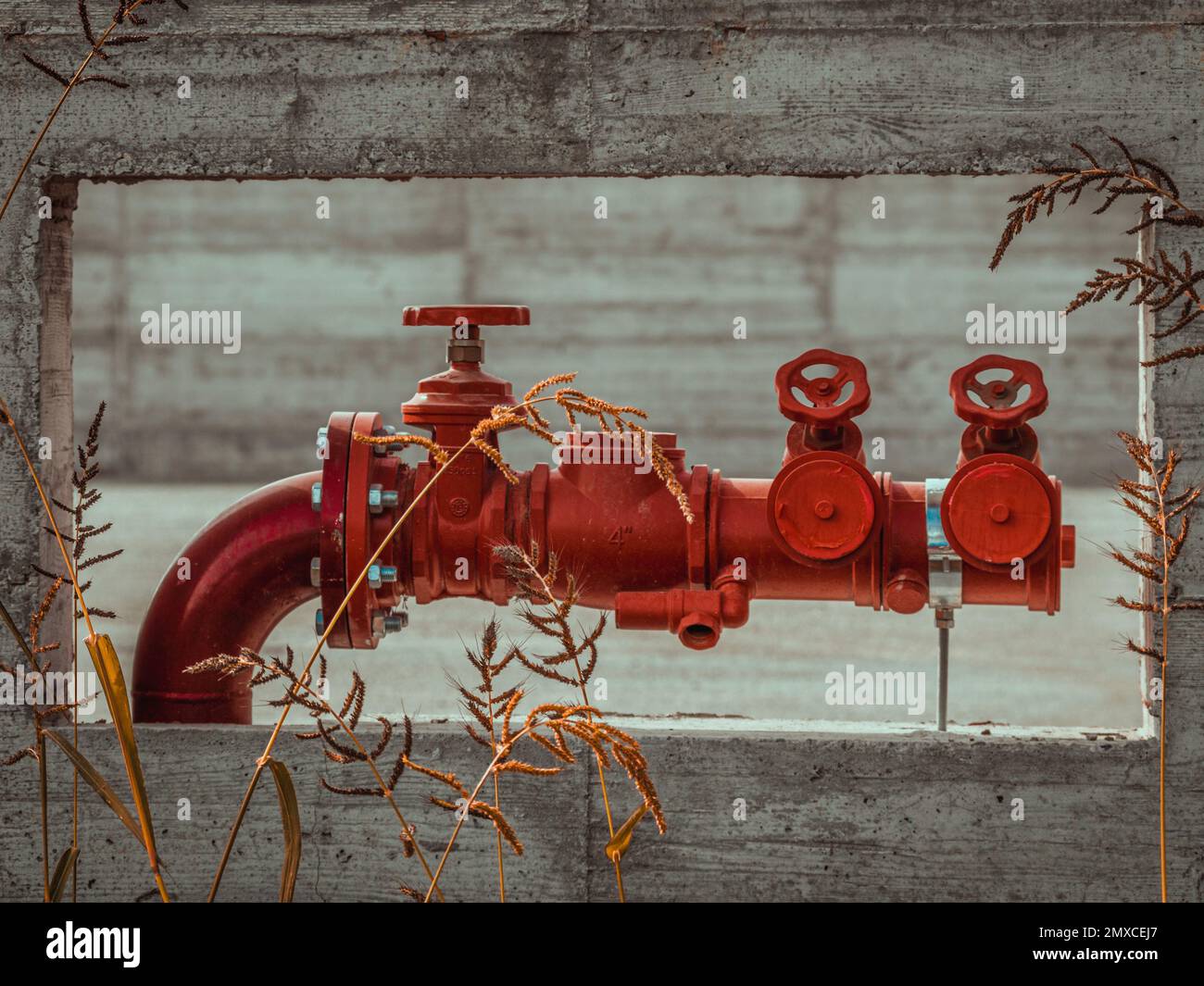 A closeup of a red fire hydrant with multiple valves Stock Photo - Alamy