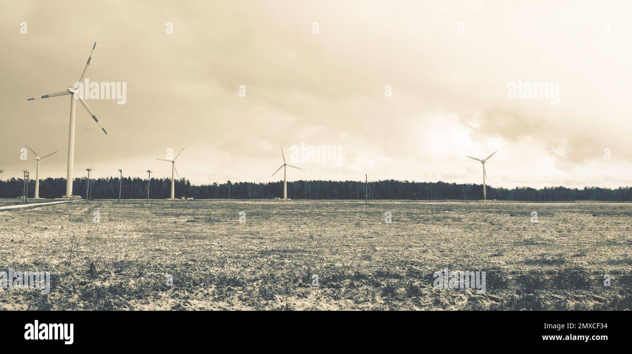 windmill farm or wind park, with high wind turbines for generation ...