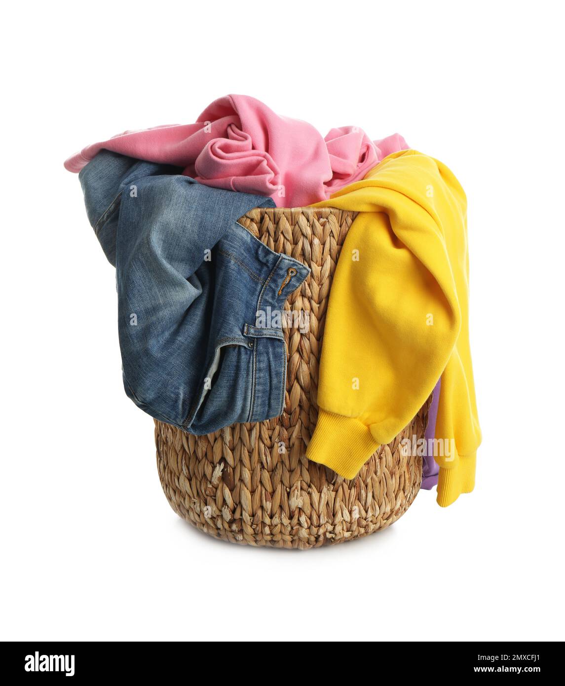 Wicker laundry basket with different clothes isolated on white Stock ...