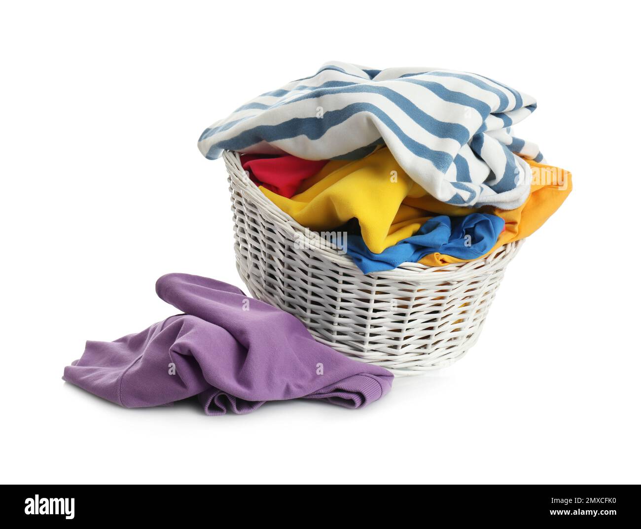 Wicker laundry basket with different clothes isolated on white Stock ...