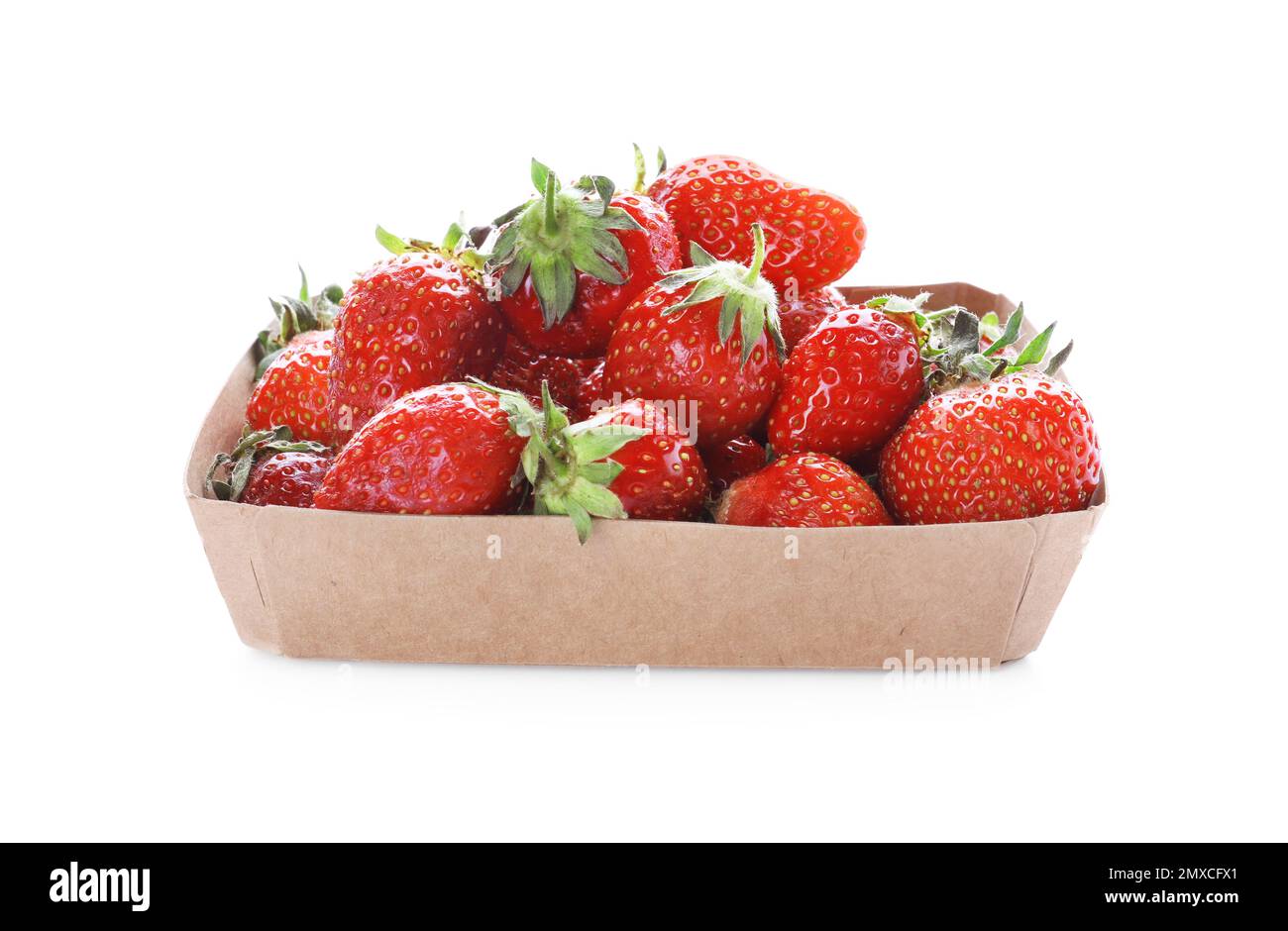 Tasty strawberries in cardboard container isolated on white Stock Photo ...