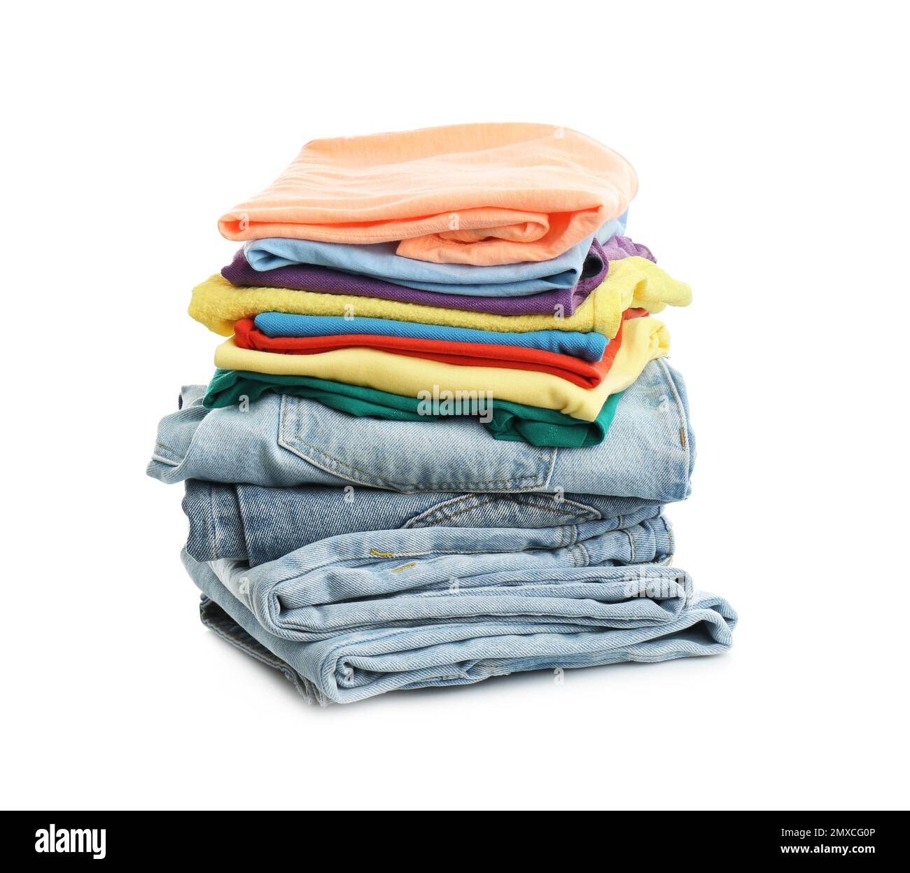 Stack of folded clothes isolated on white Stock Photo - Alamy
