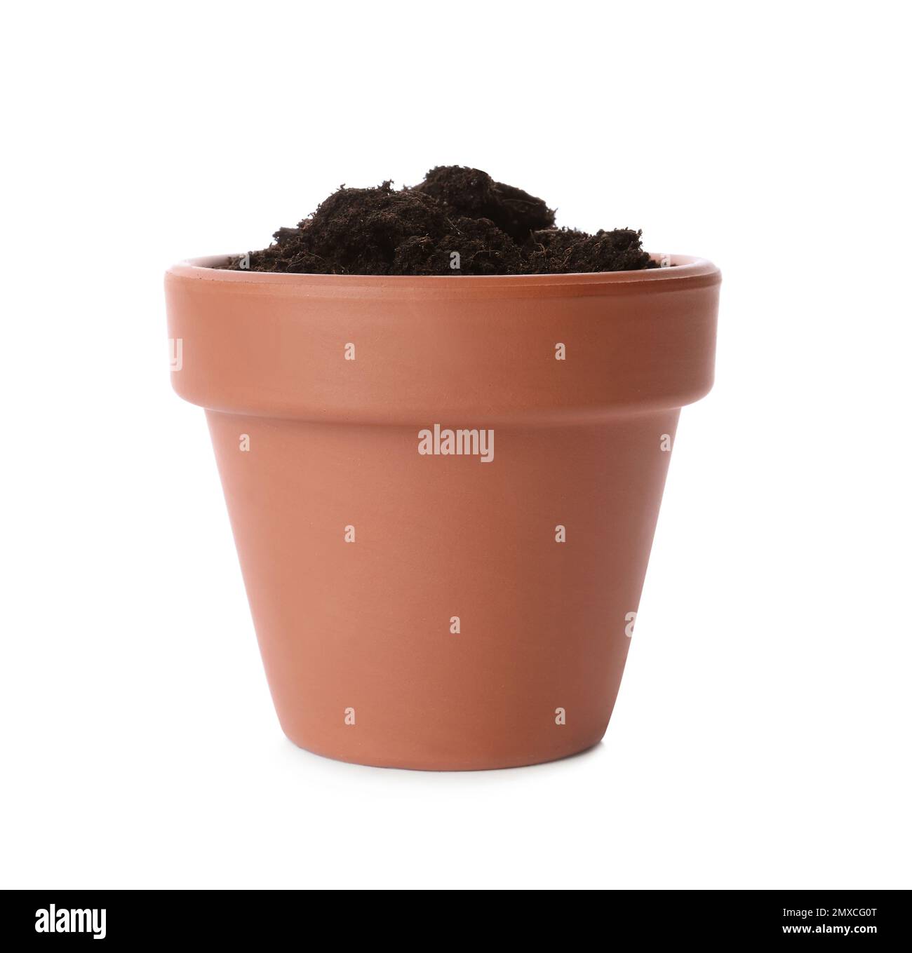 Stylish terracotta flower pot with soil isolated on white Stock Photo ...