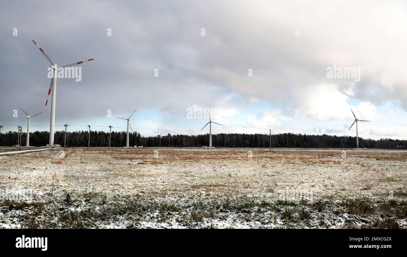 windmill farm or wind park, with high wind turbines for generation ...