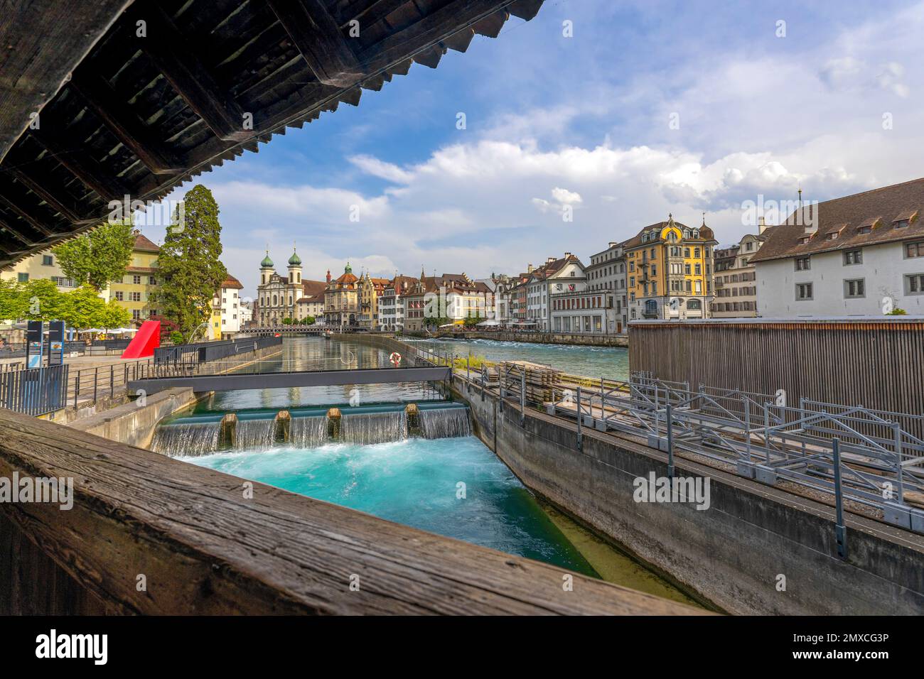 LUCERNE, SWITZERLAND, JUNE 21, 2022 - Small waterfalls of Reuss river ...