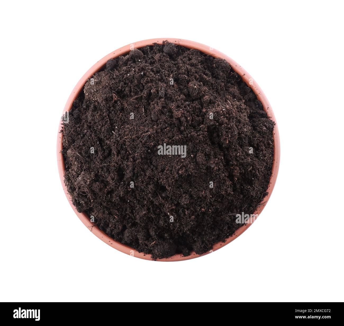 Terracotta flower pot with soil isolated on white, top view Stock Photo ...