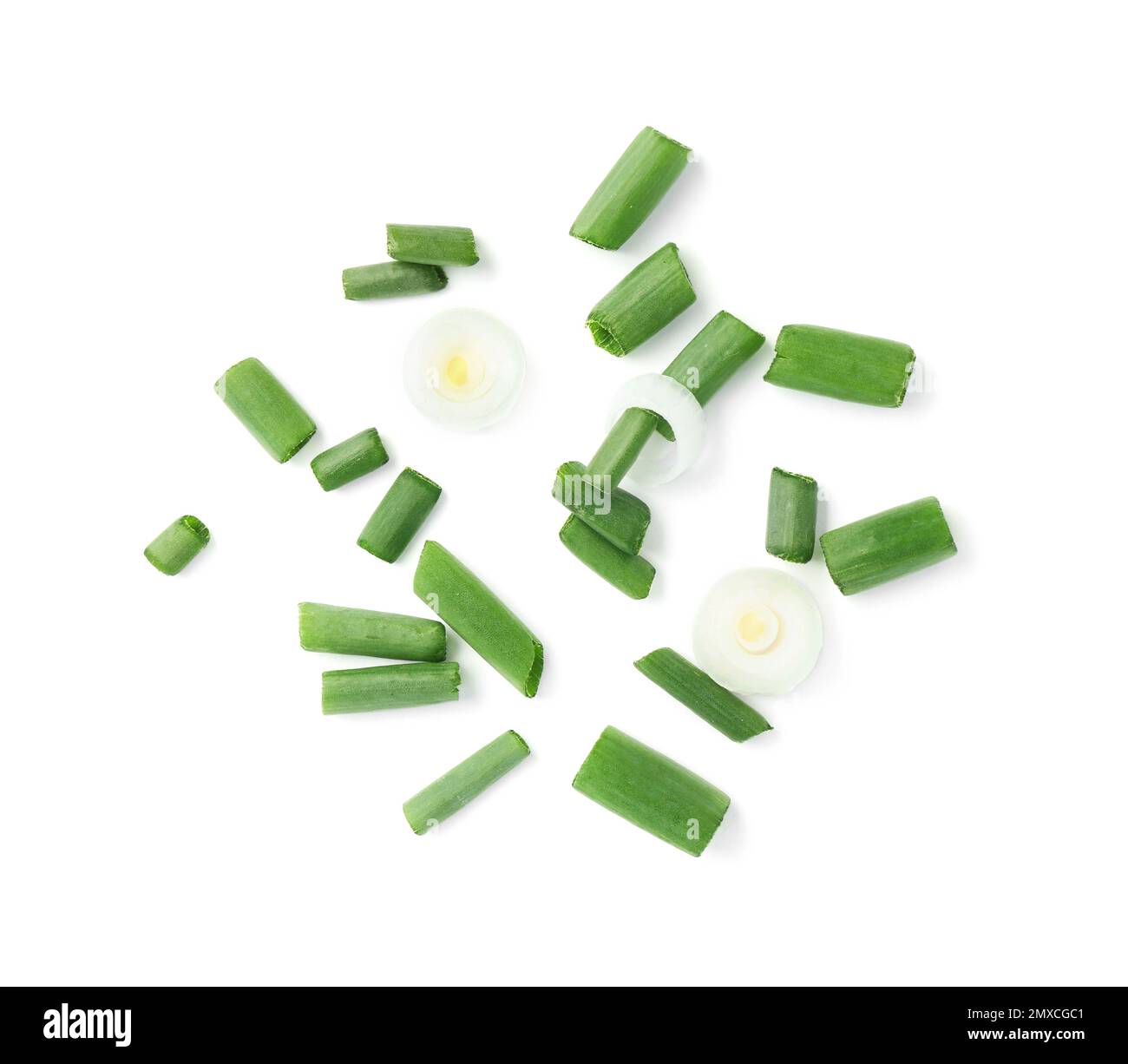 Cut green spring onion isolated on white, top view Stock Photo - Alamy