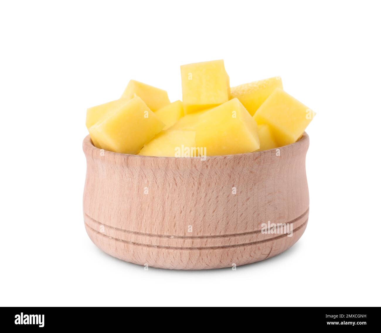 Tasty mango cubes in wooden bowl isolated on white Stock Photo - Alamy