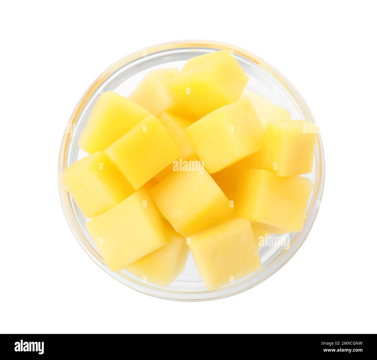Tasty mango cubes in glass bowl isolated on white, top view Stock Photo ...