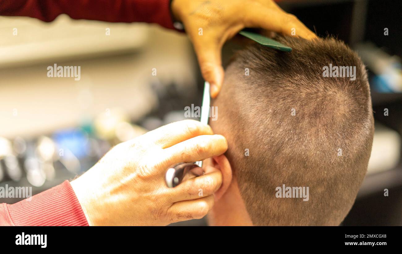A male client getting a haircut by the hairdresser with an electric ...