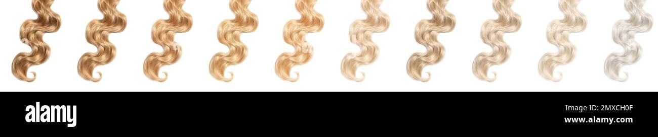 Set with color hair samples on white background, top view. Banner ...