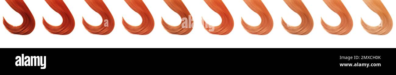 Set with color hair samples on white background, top view. Banner ...