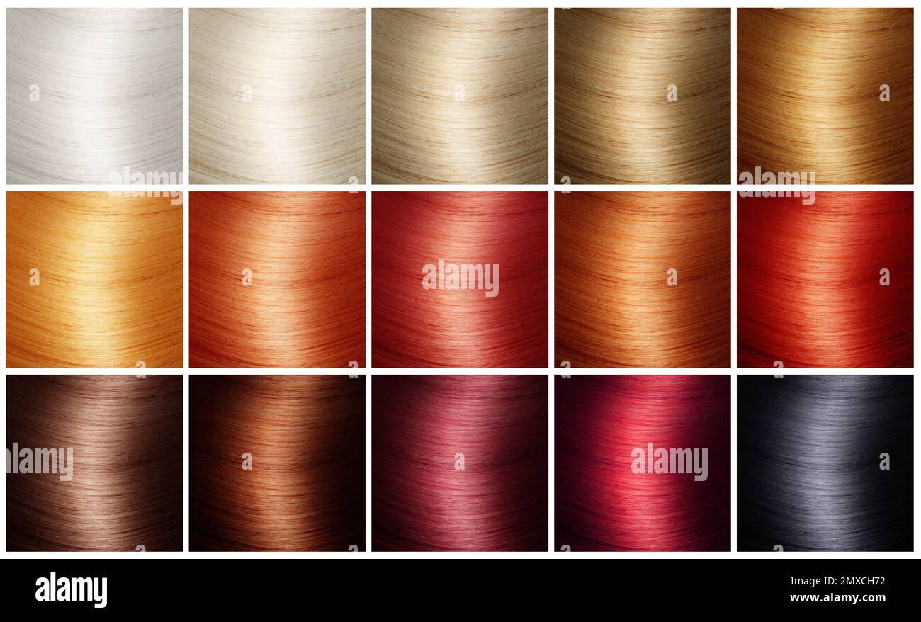 Collage with color hair samples on white background Stock Photo - Alamy