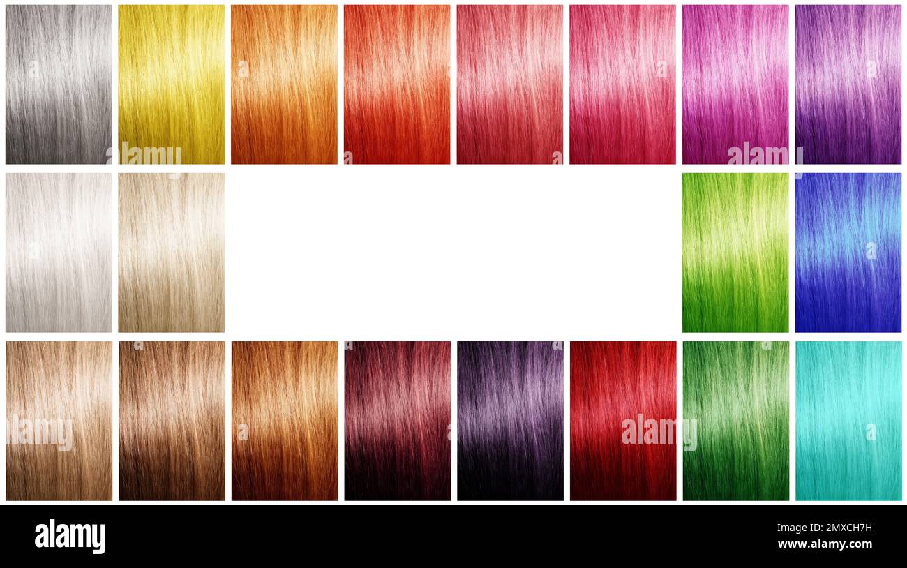 Collage with color hair samples on white background. Space for text ...