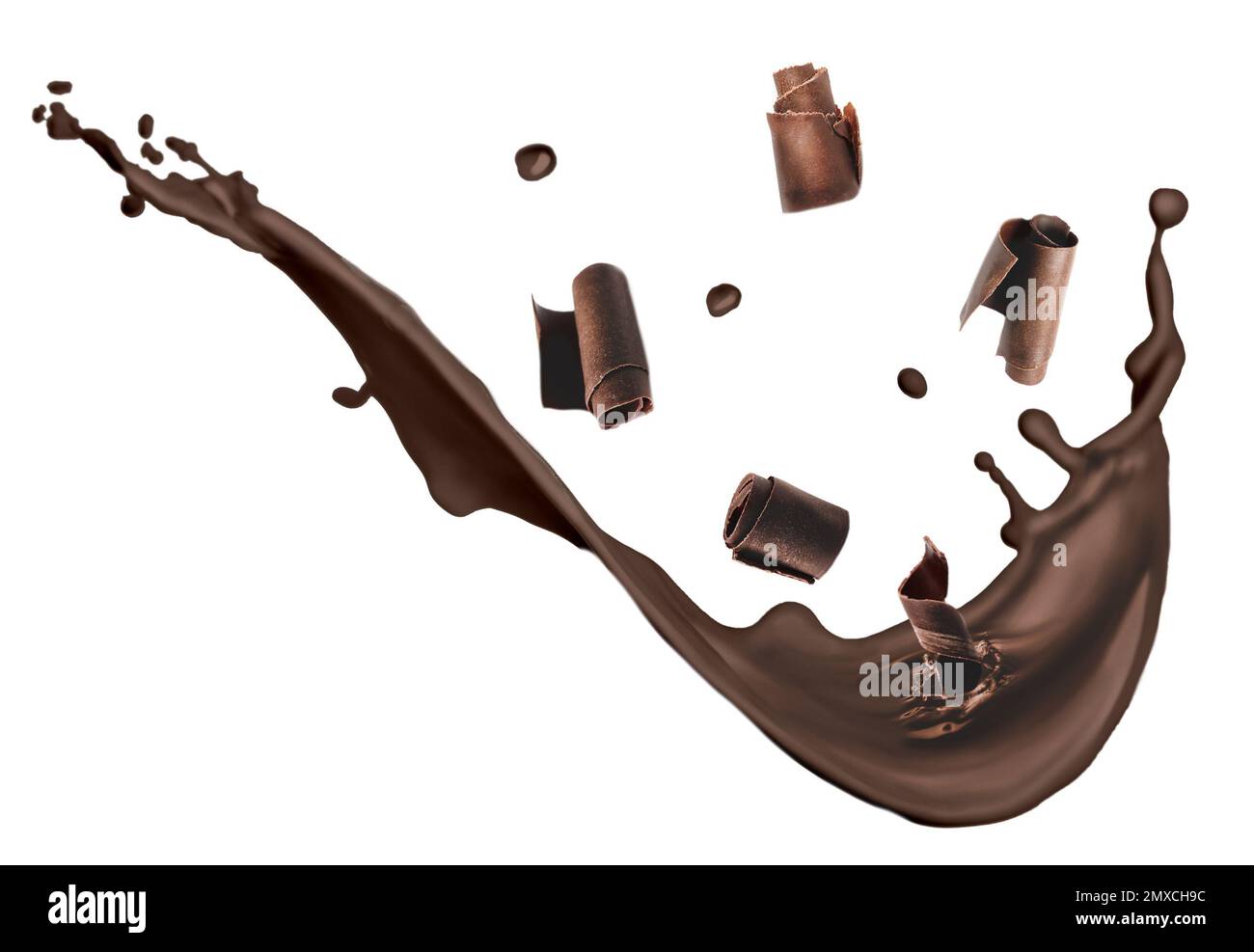 Yummy melted chocolate splash with falling curls on white background ...