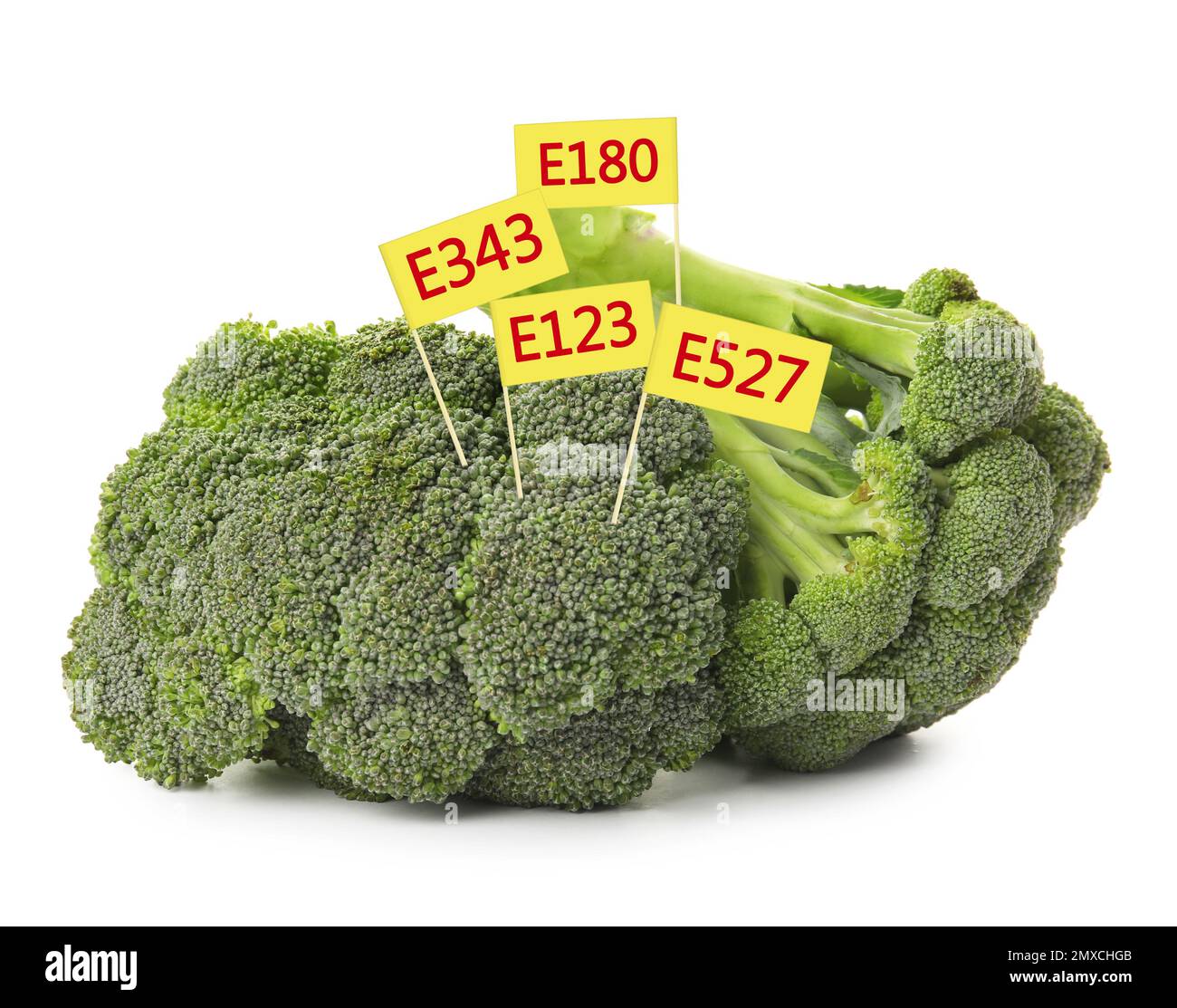 Broccoli with E numbers on white background. Harmful food additives ...
