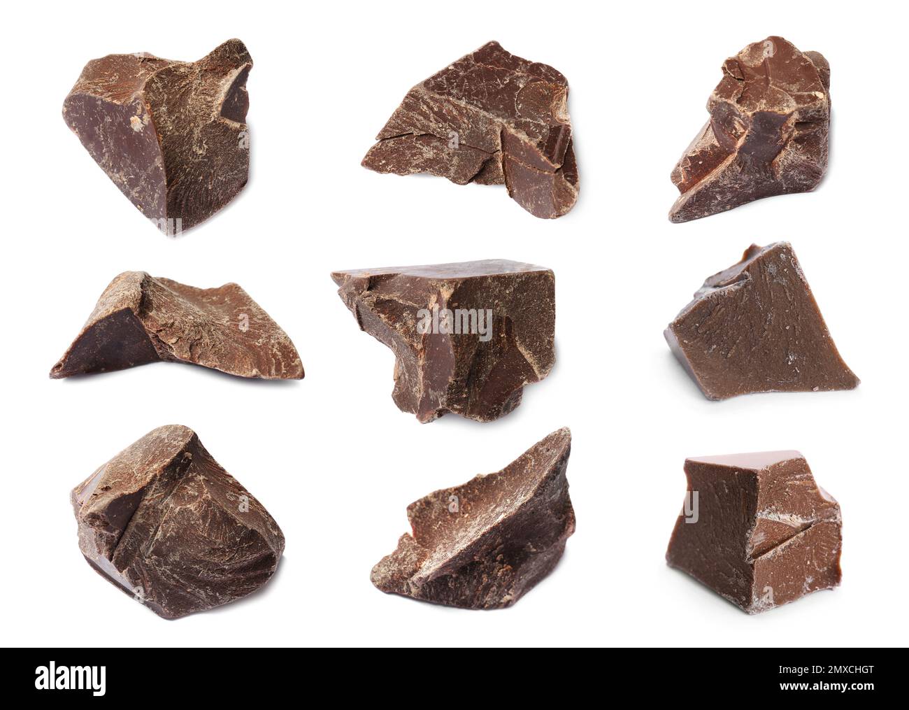 Set with delicious dark chocolate chunks on white background Stock ...