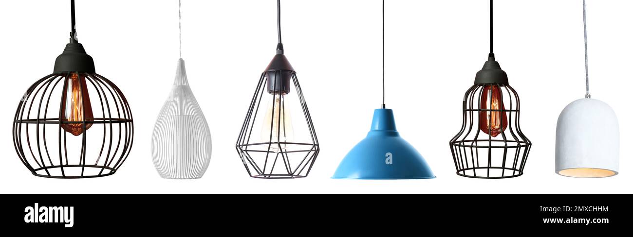 Set of different modern hanging lamps on white background. Banner ...