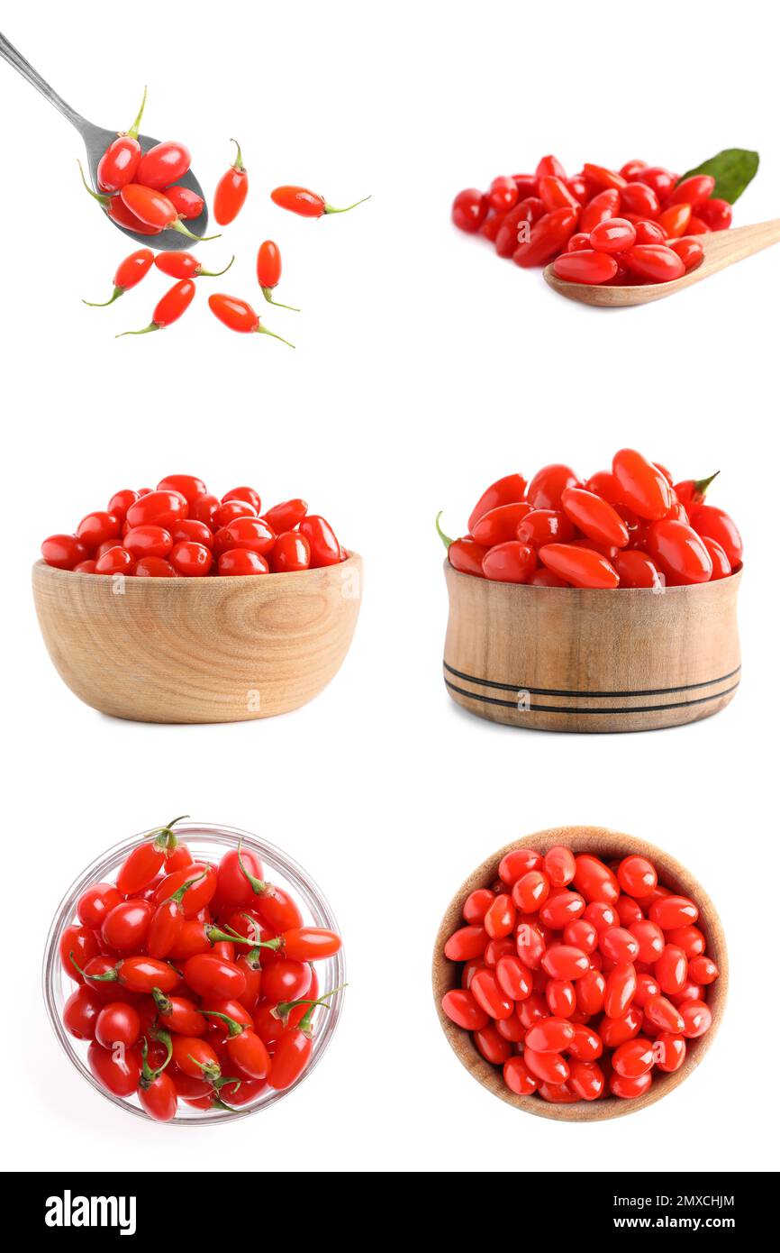 Set of fresh goji berries on white background Stock Photo - Alamy