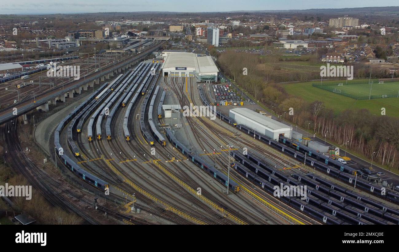 Southeastern trains in sidings at Ashford International station in Kent ...