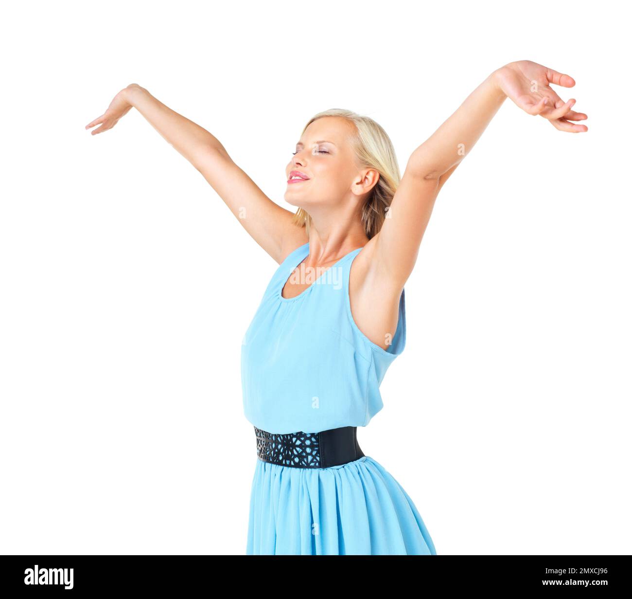 Happiness, woman and opening arms for freedom, peace and happy with ...