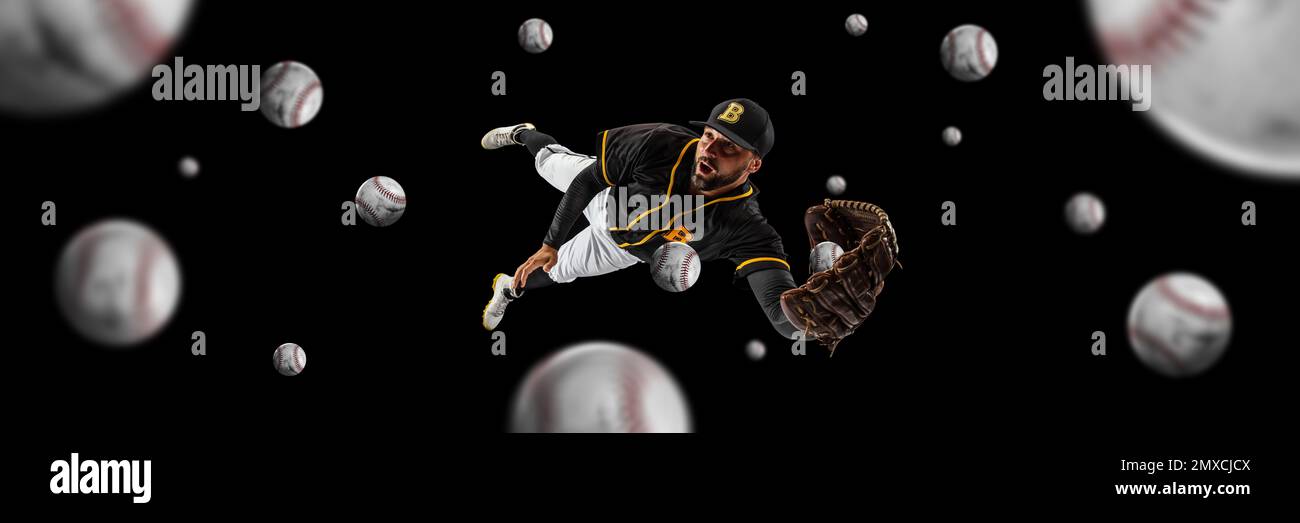 Collage. Man, professional baseball player catching ball with glove in ...