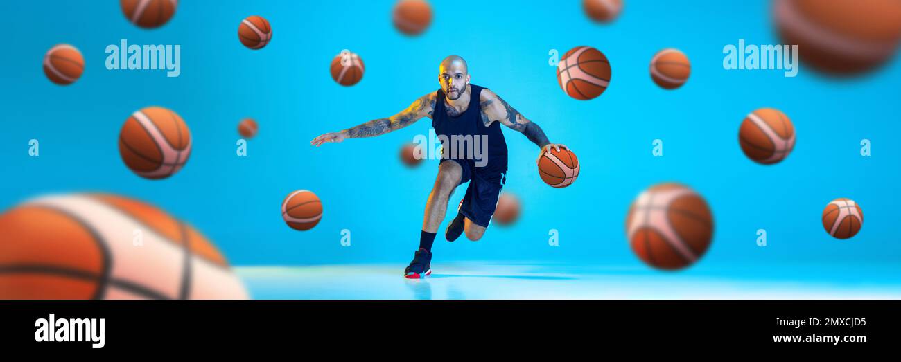 Collage. In motion. Man, professional male basketball player training ...