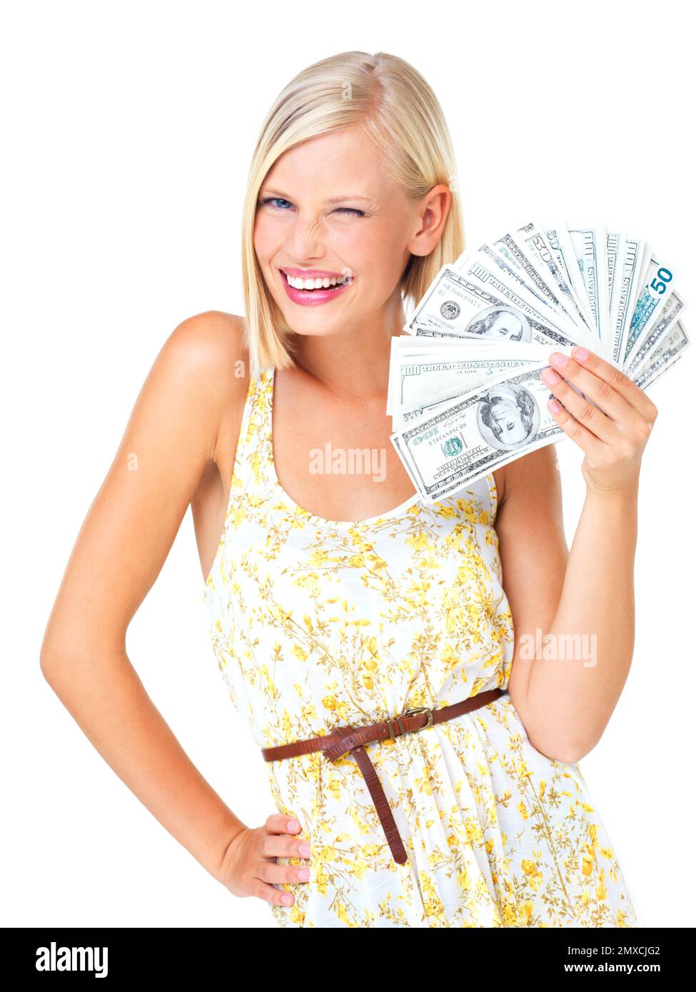Mockup, portrait and woman with cash, wink and happiness for savings ...