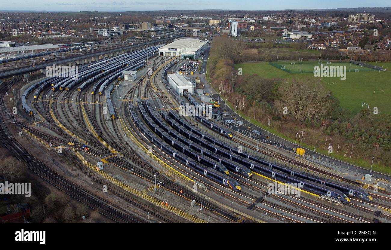 Southeastern trains in sidings at Ashford International station in Kent ...