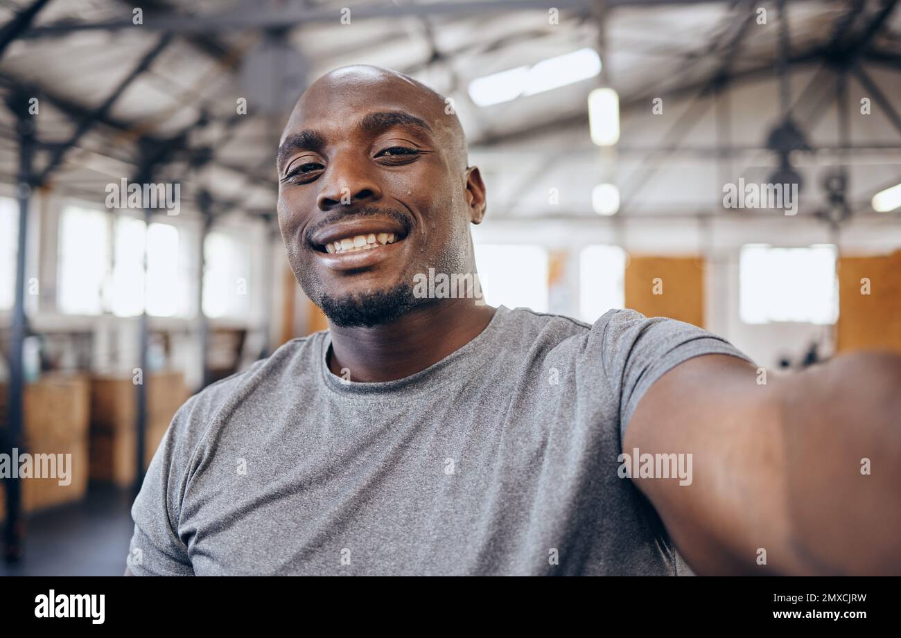 Gym, exercise and selfie portrait of black man smile for motivation, wellness and bodybuilder ...