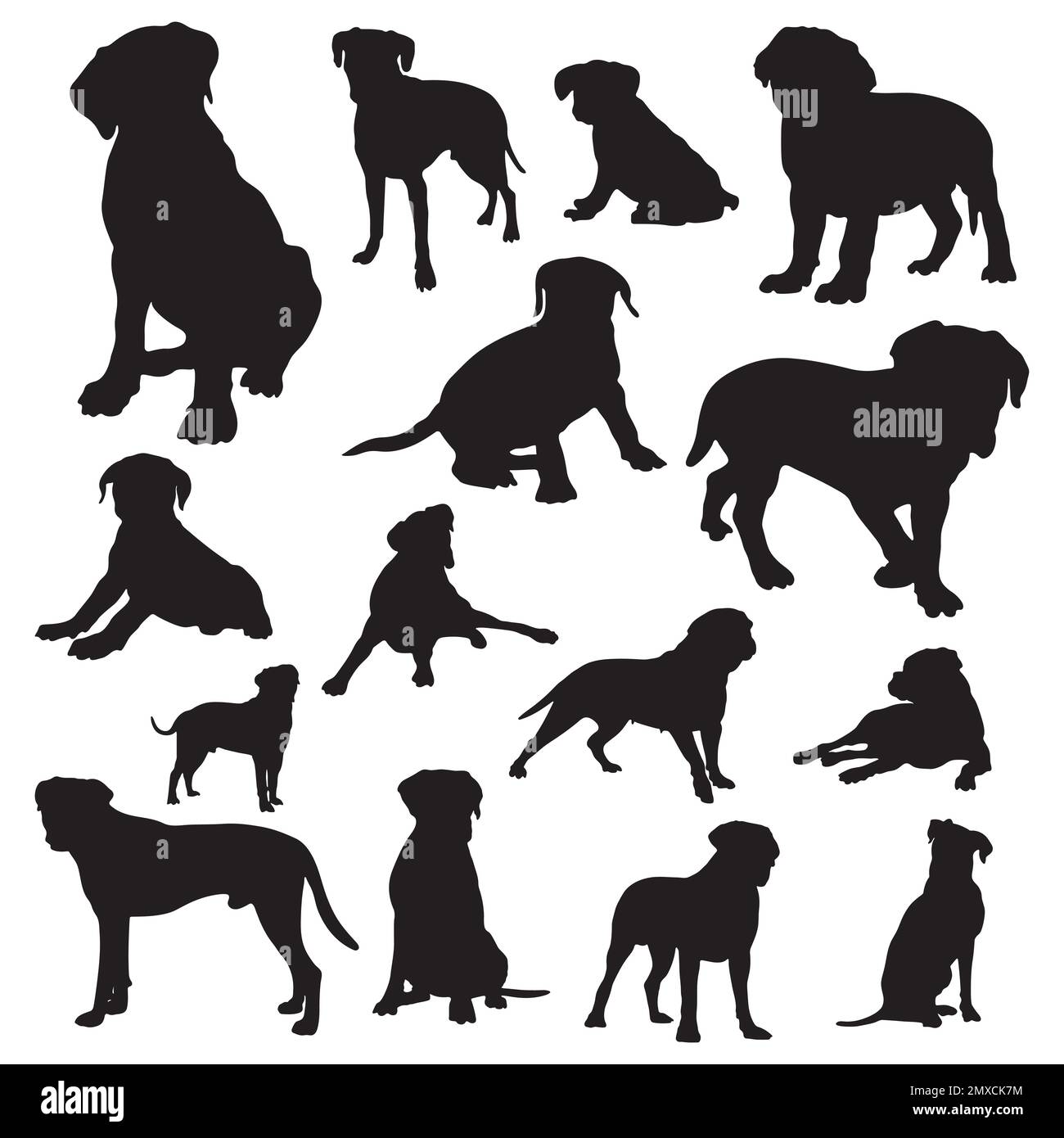 Boxer dog silhouettes, Boxer dog animal silhouette collection Stock ...