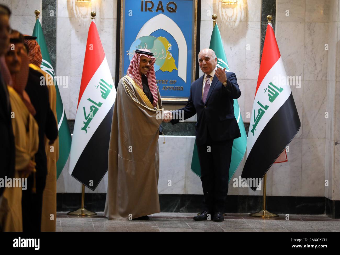 Baghdad, Iraq. 2nd Feb, 2023. Iraqi Foreign Minister Fuad Hussein (R ...