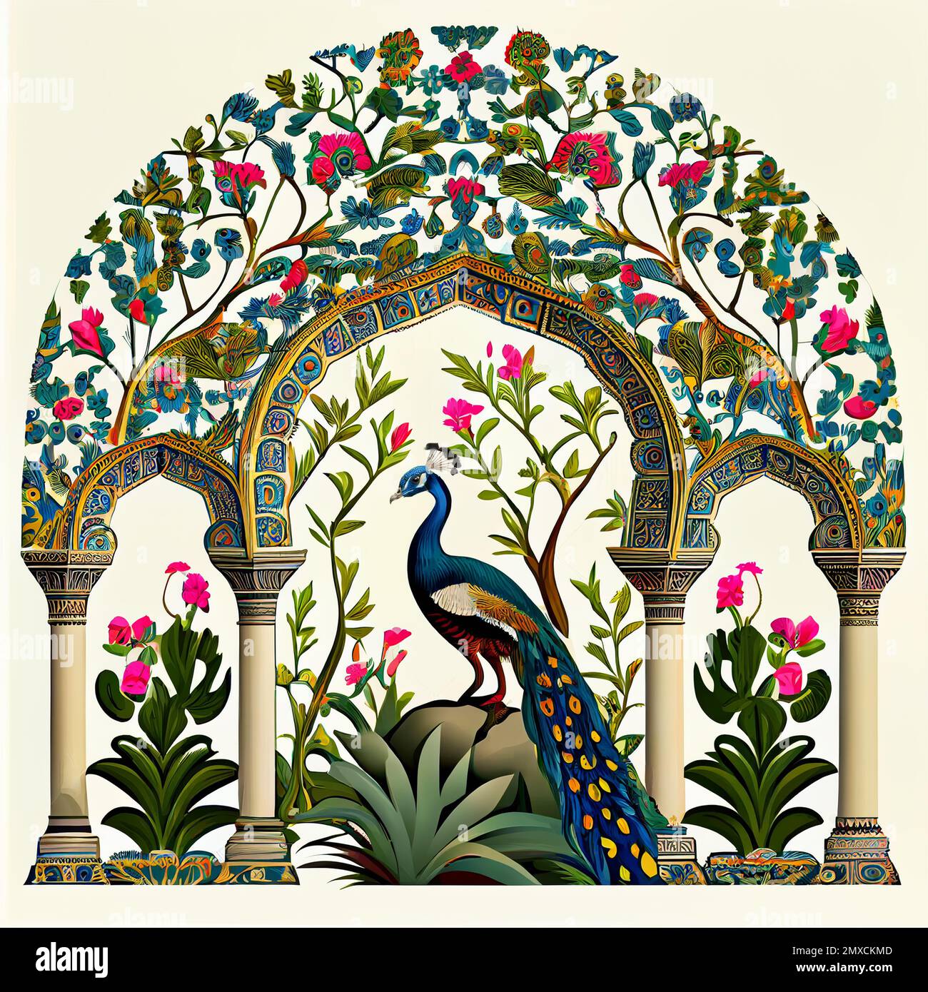 Traditional Mughal garden, arch, peacock, plant and bird illustration ...