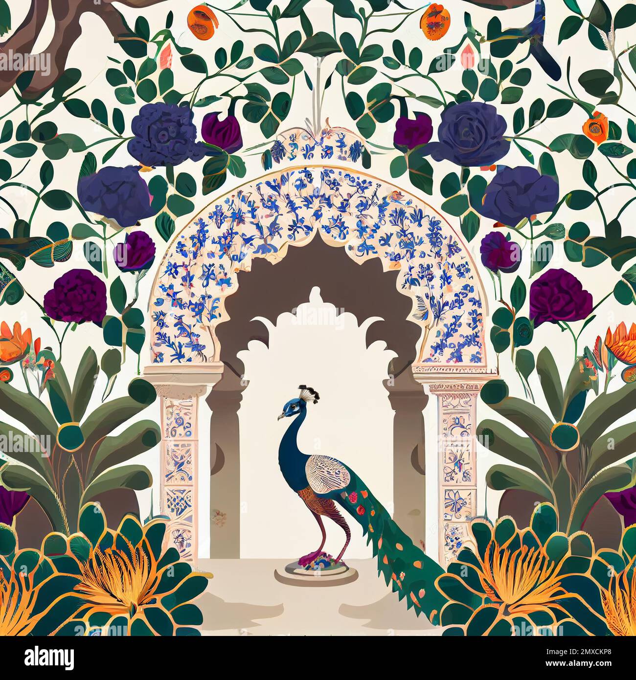 Traditional Mughal garden, arch, peacock, plant and bird illustration ...
