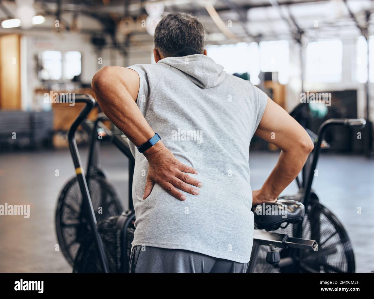Sports, gym and injury, old man with back pain, emergency during ...
