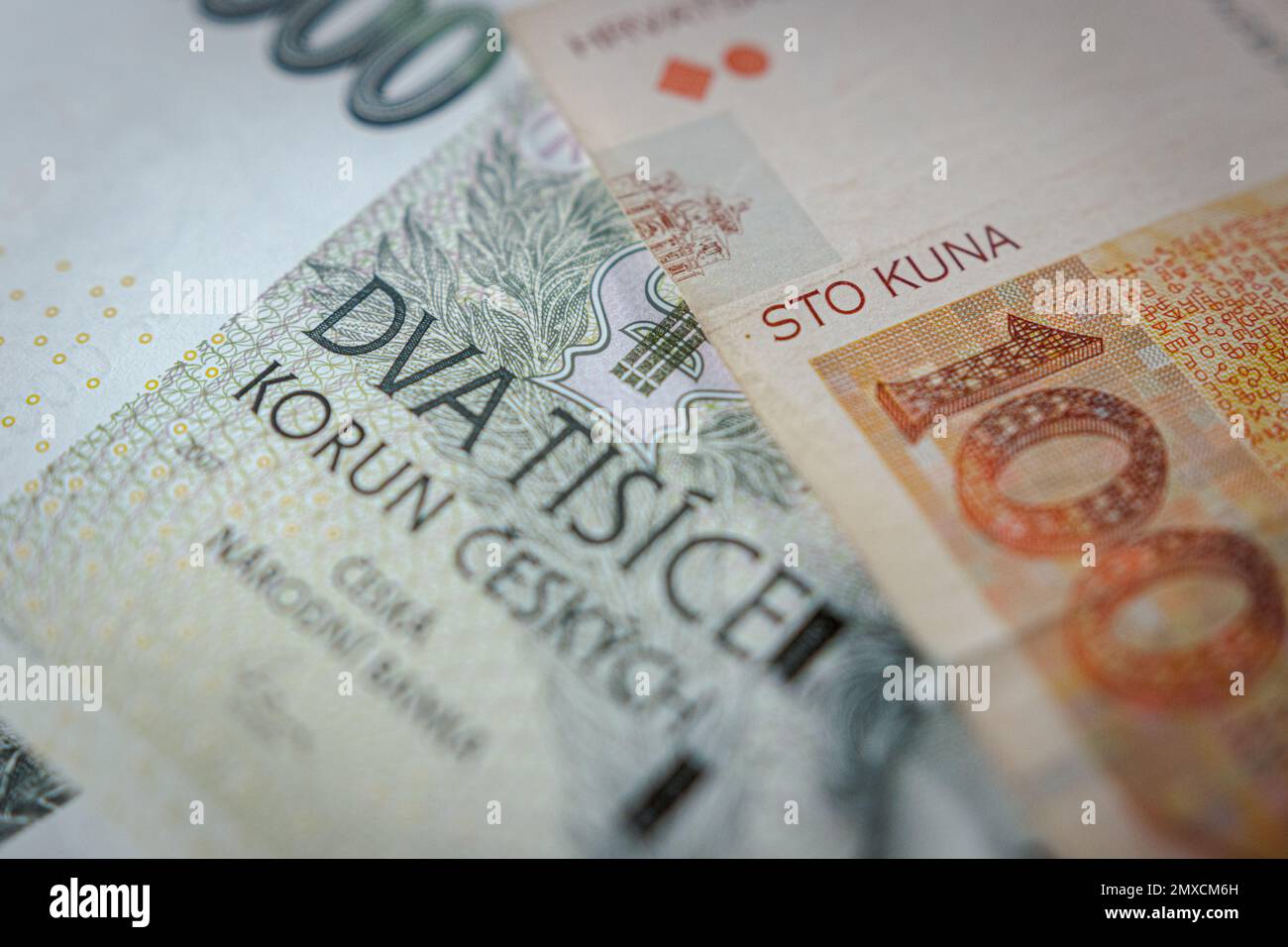 croatian kuna and czech crown banknotes of different value, in Prague ...