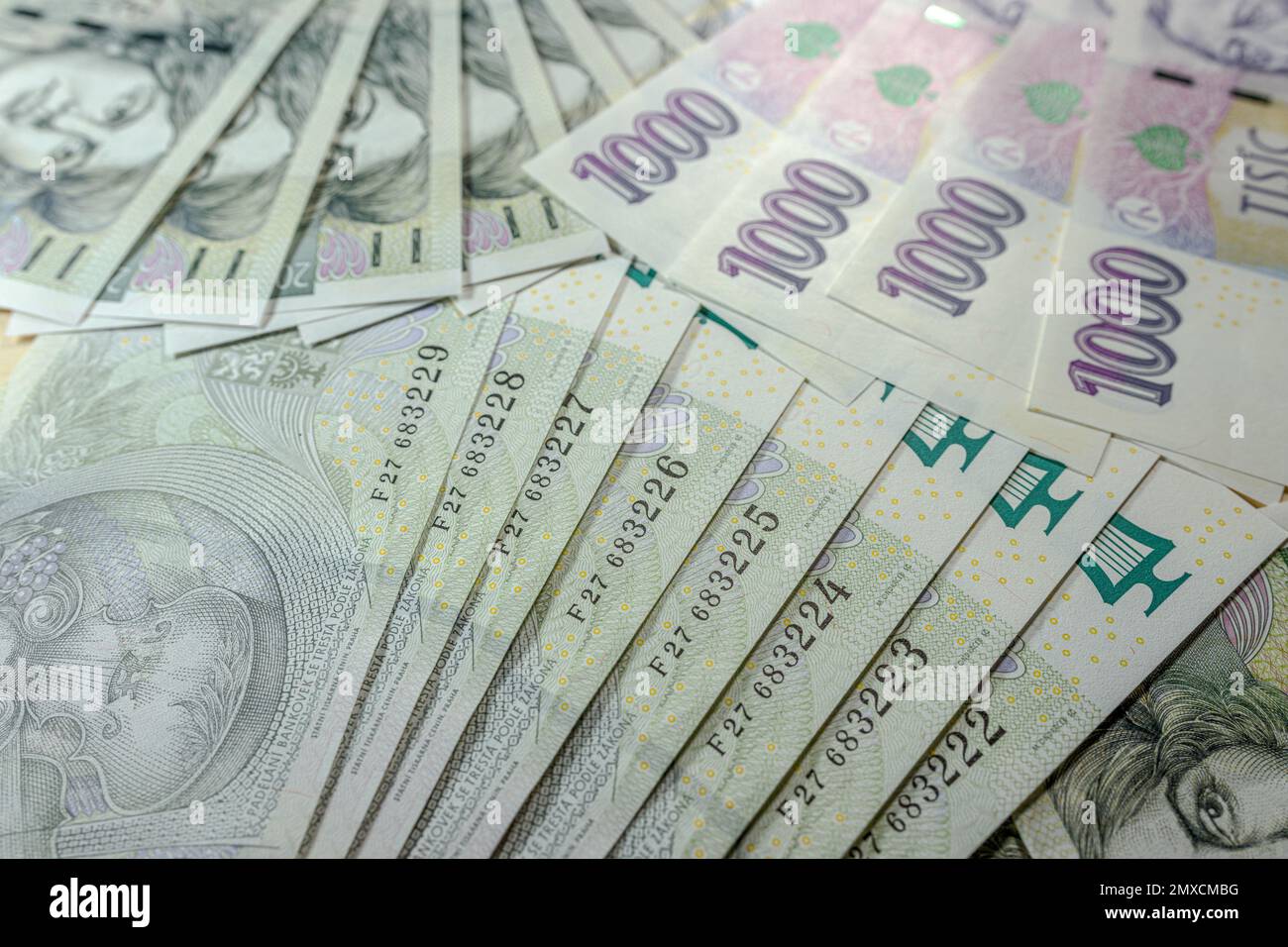 Czech one and two thousand crown banknotes, in Prague, Czech Republic ...