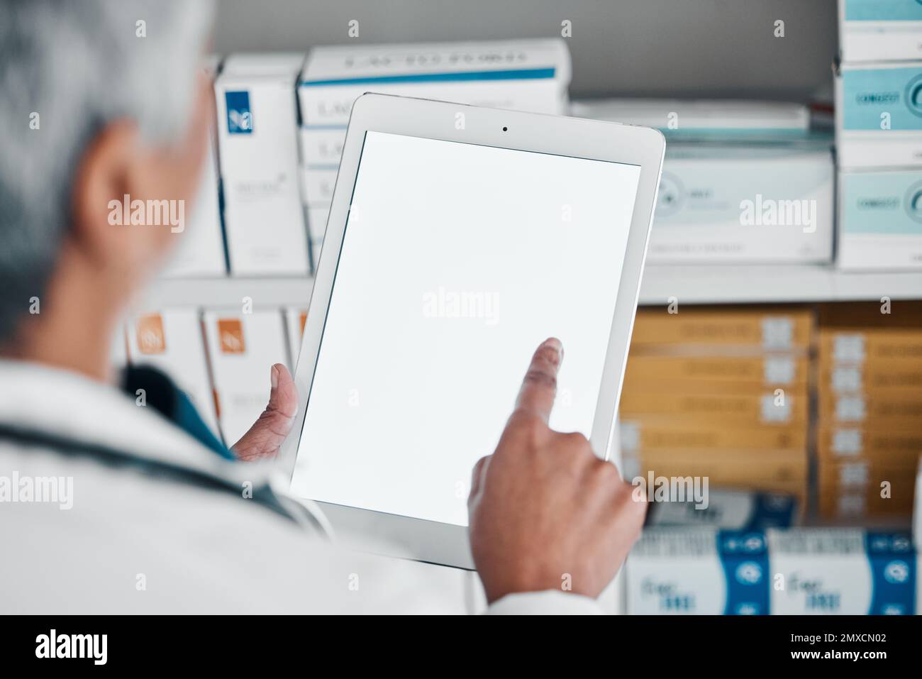 Digital tablet, mockup and hands of pharmacist for medicine, stock and ...